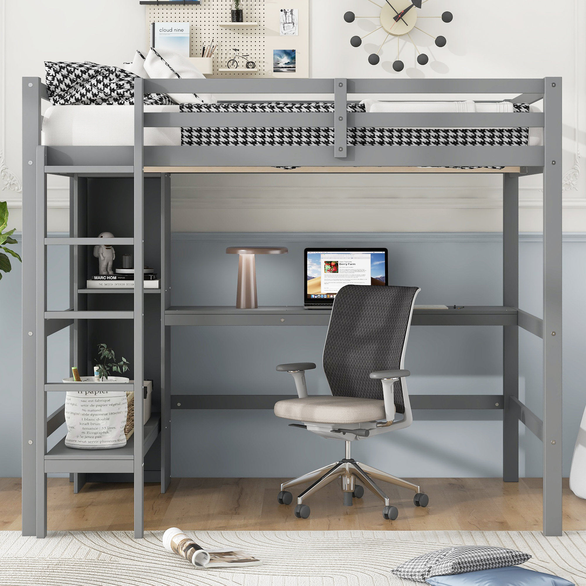 Ebern Designs Full Size Loft Bed with Built-in Desk & Multi-Function Shelves | Space-Saving ...